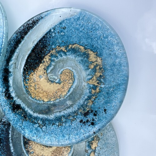 Blue Gold Glass Coasters Round Hard To Resist Handmade Fused Glass